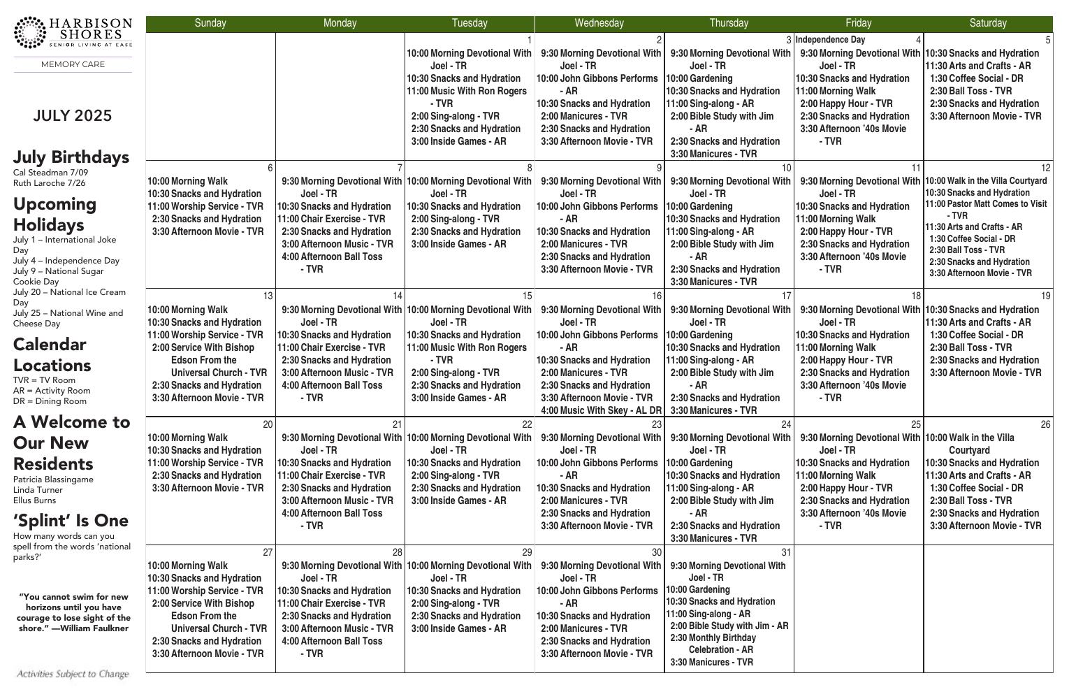 July 2025 Activities and Events - Harbison Shores